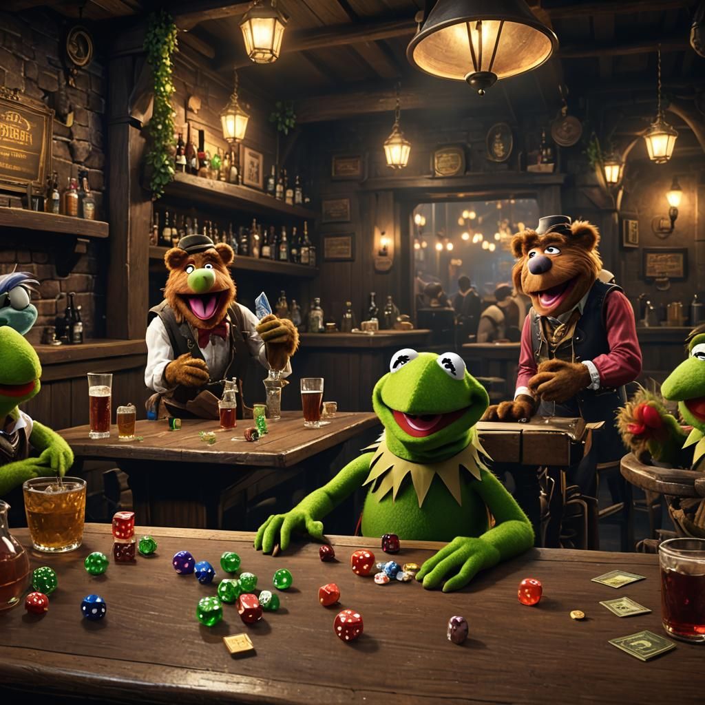 Foreground: laughing Kermit and Fozzy Bear playing with dices on a small table Background: a ...