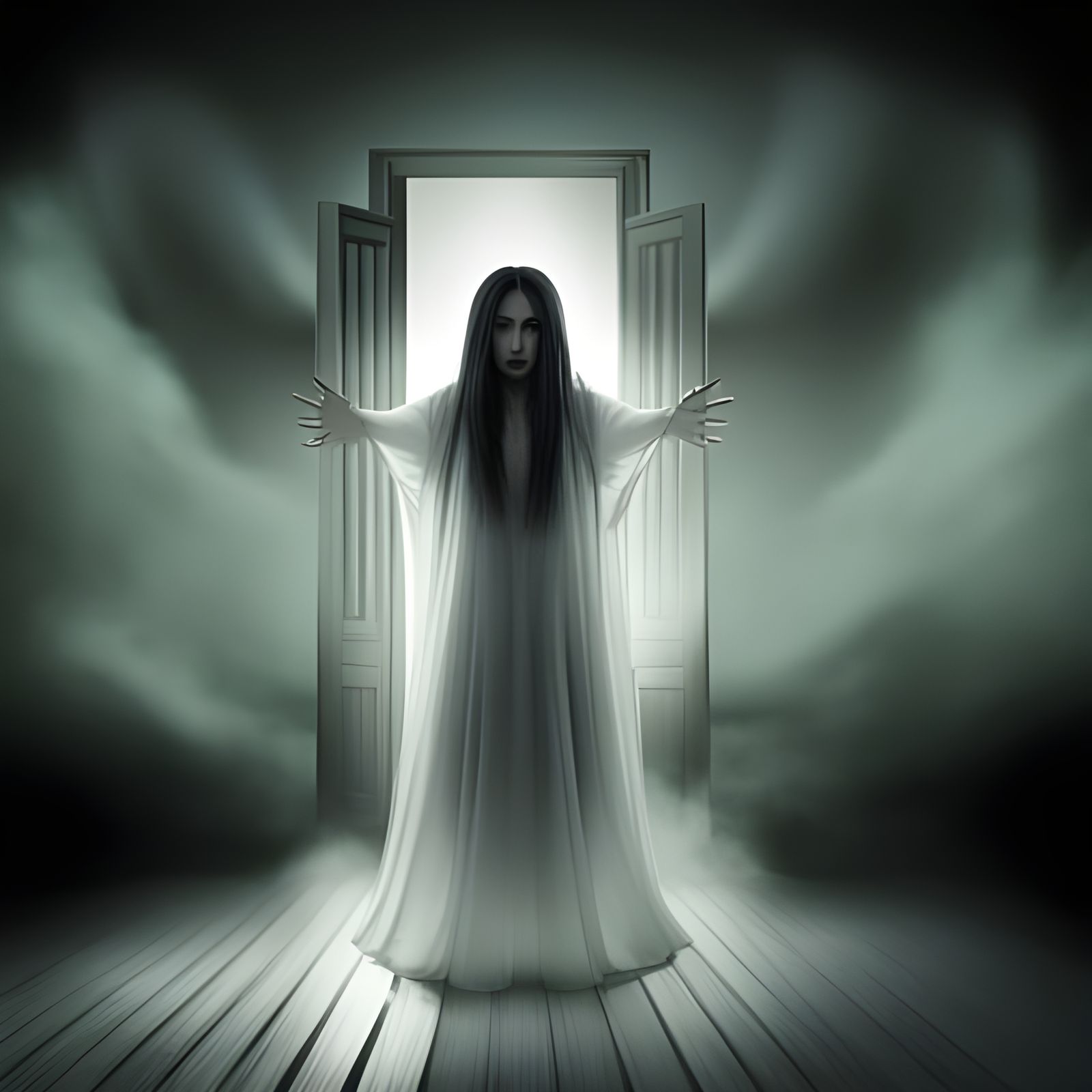 a ghastly female ghost holding out her arms and beckoning you in to ...