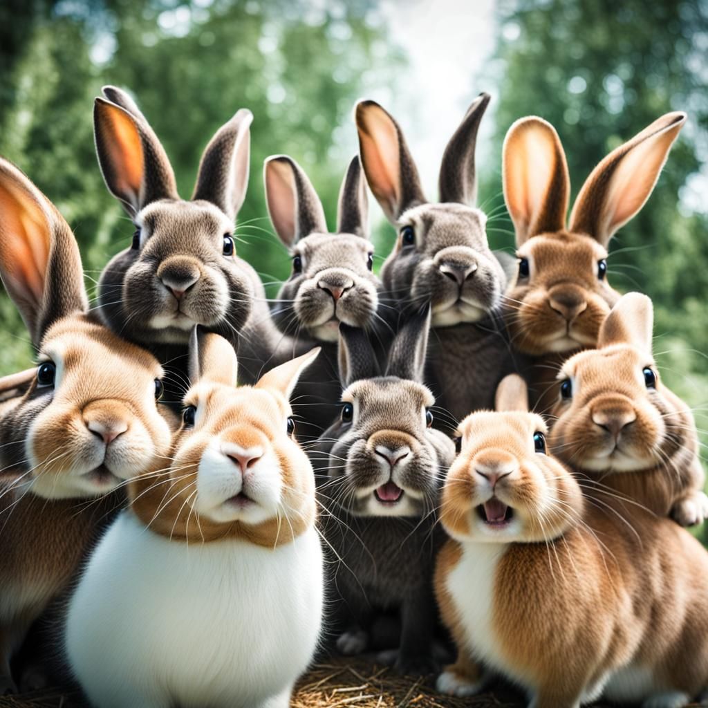 a group of happy rabbits gathered together taking a selfie - AI ...
