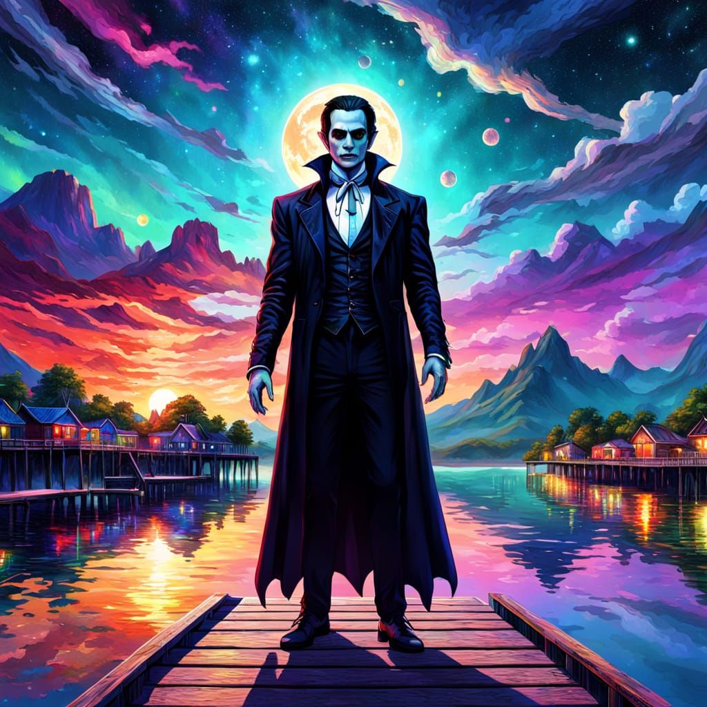 Shimmering vampire standing on pier shimmering summer landscape with ...