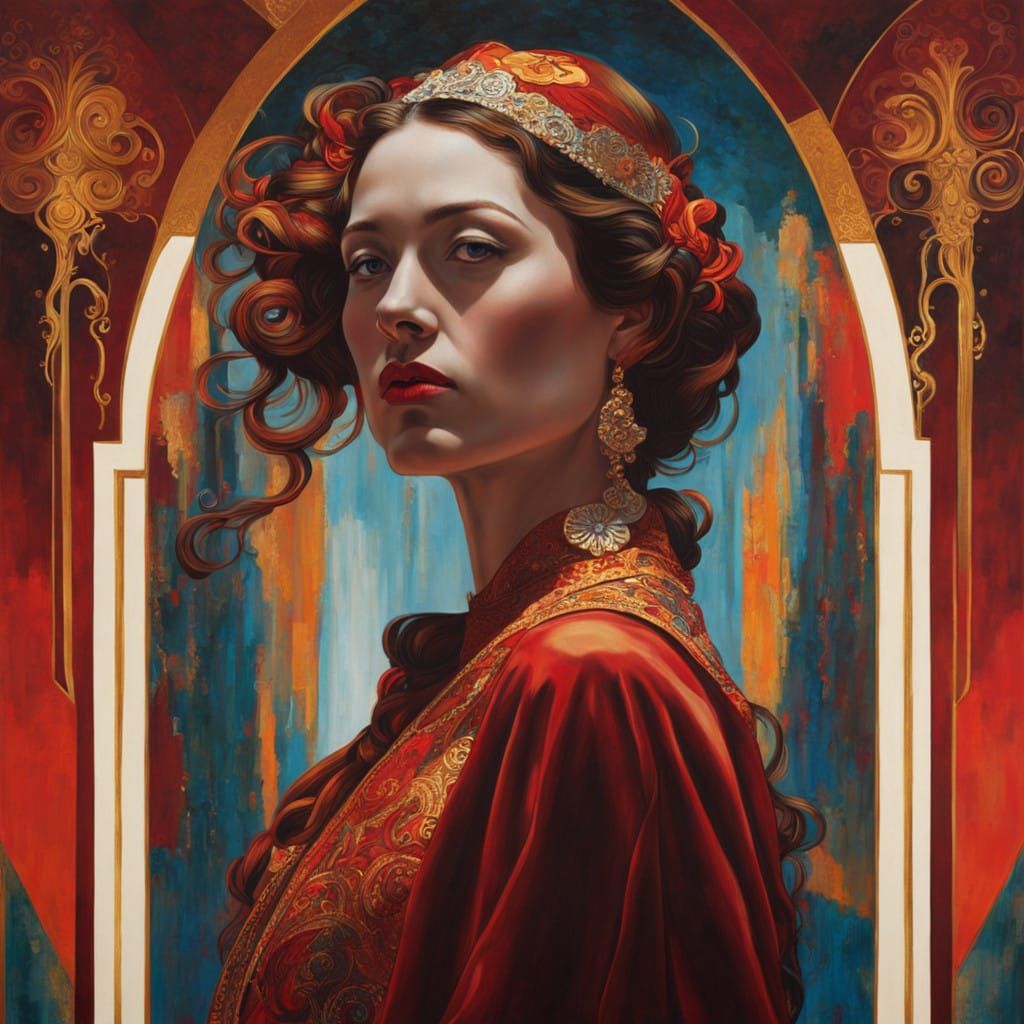 Backlit beautiful woman, side view, red outline drawing on dark red and ...