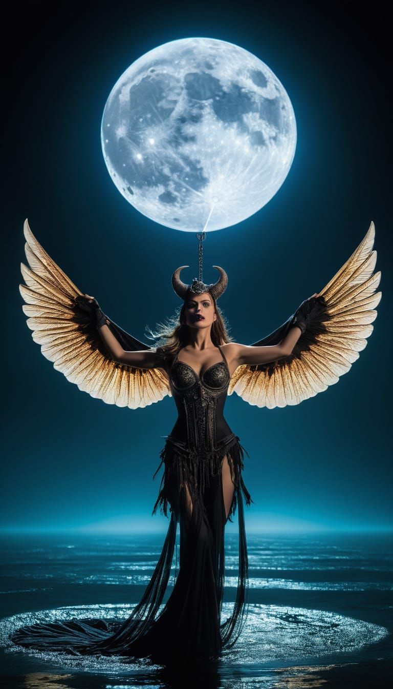 Ethereal Demon Queen Hangs from Moonlit Skies in A... - AI Art