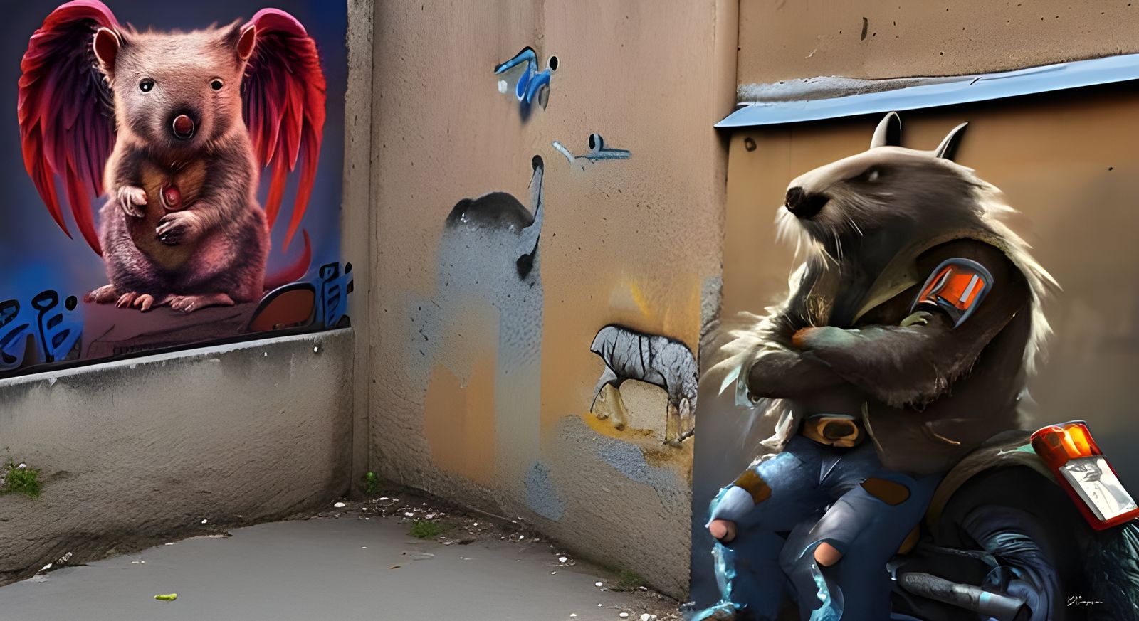 wombat in the rough part of the city, wombat graffiti on walls - AI ...