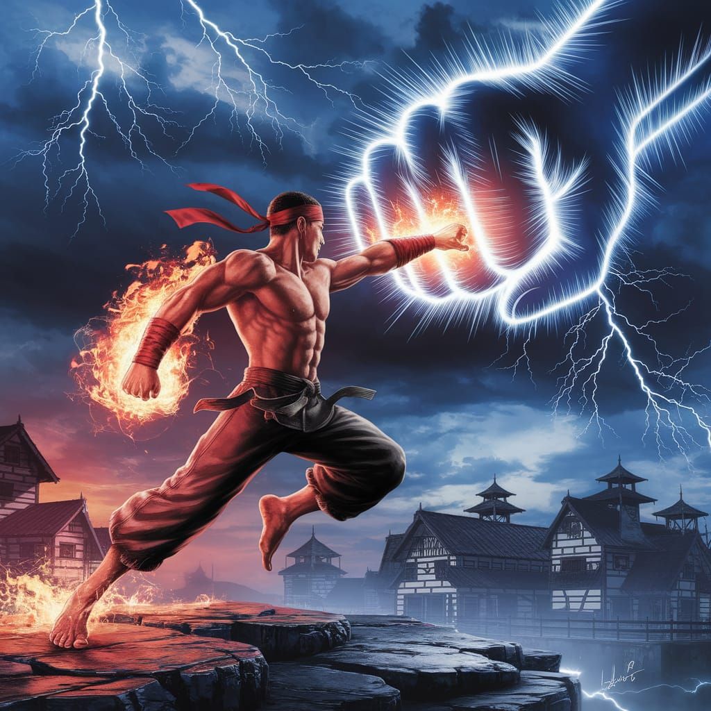Intense Karate Master Leaping with Electric Fist - AI Art
