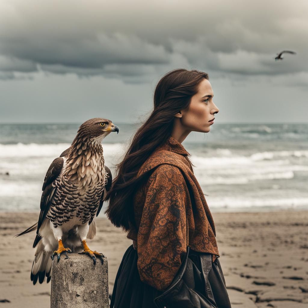 Women with hawk by the sea - AI Generated Artwork - NightCafe Creator