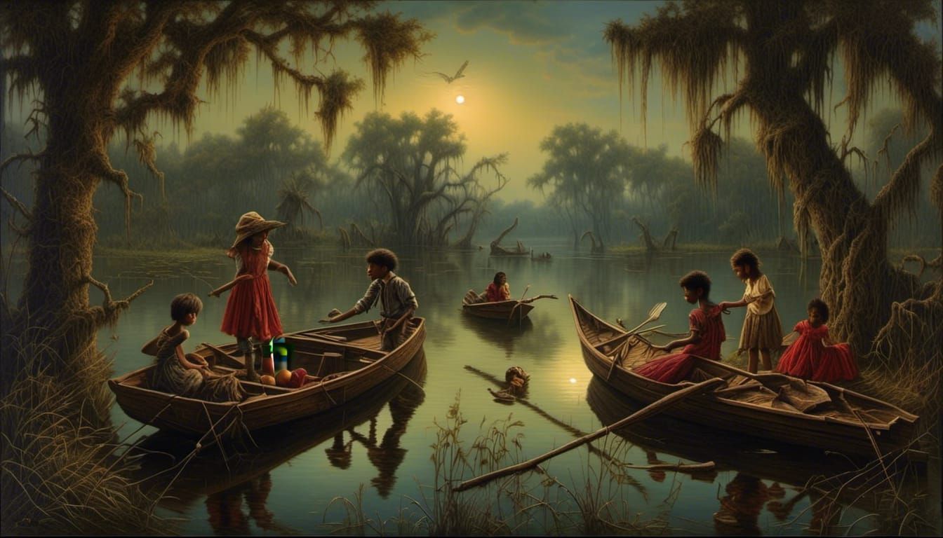 (children playing on the bayou) / fantasy Tromp L’oeil Painting, in the ...
