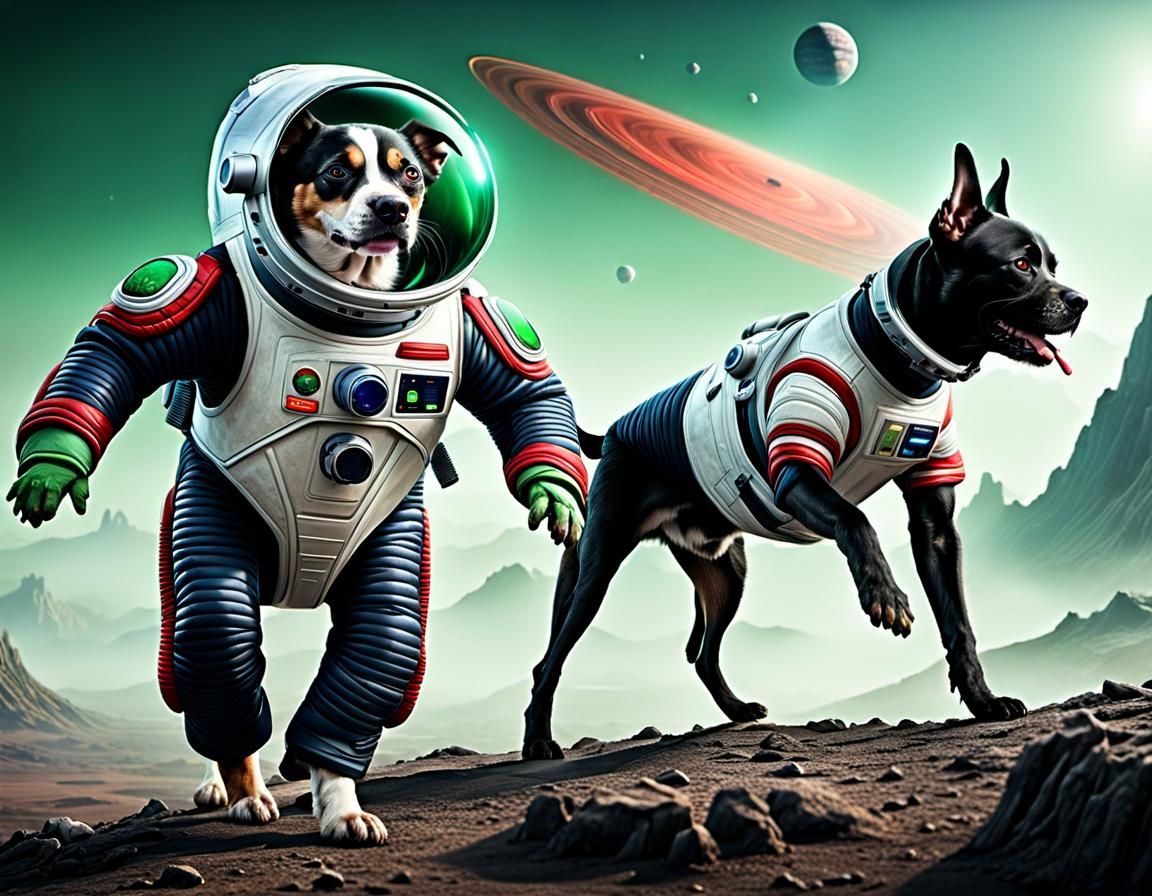 one medium sized dog wearing a space suit, dog does not have a helmet ...