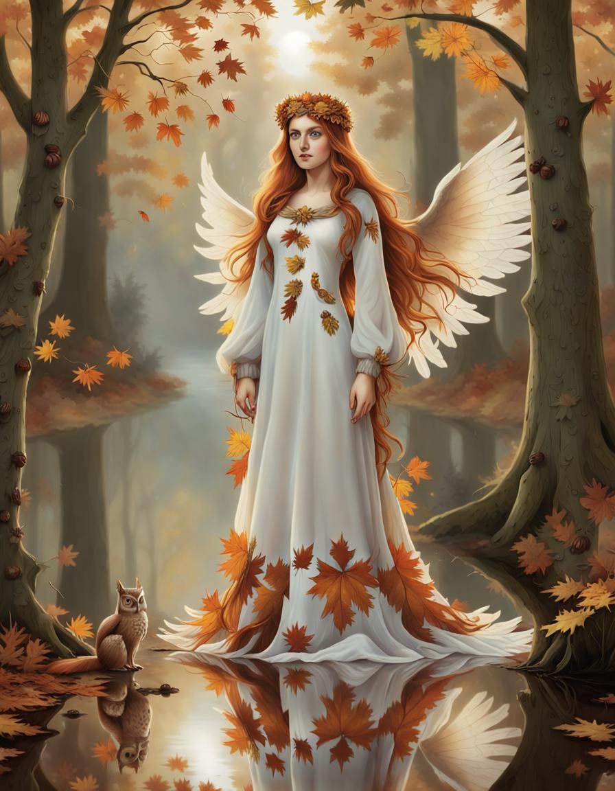 long auburn coloured haired angel with orange eyes in an autumnal ...