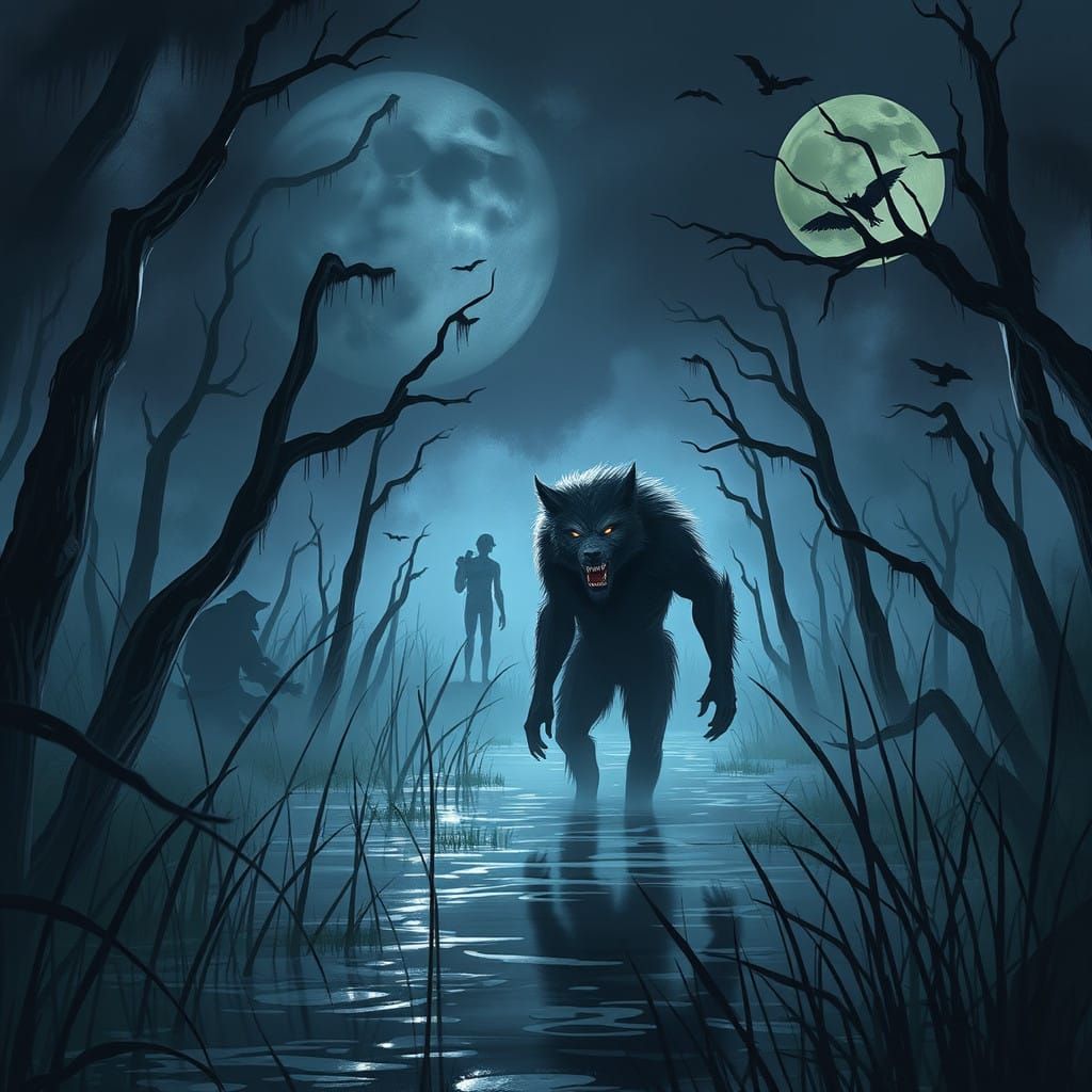 Lone Werewolf in Haunted Louisiana Bayou - AI Art