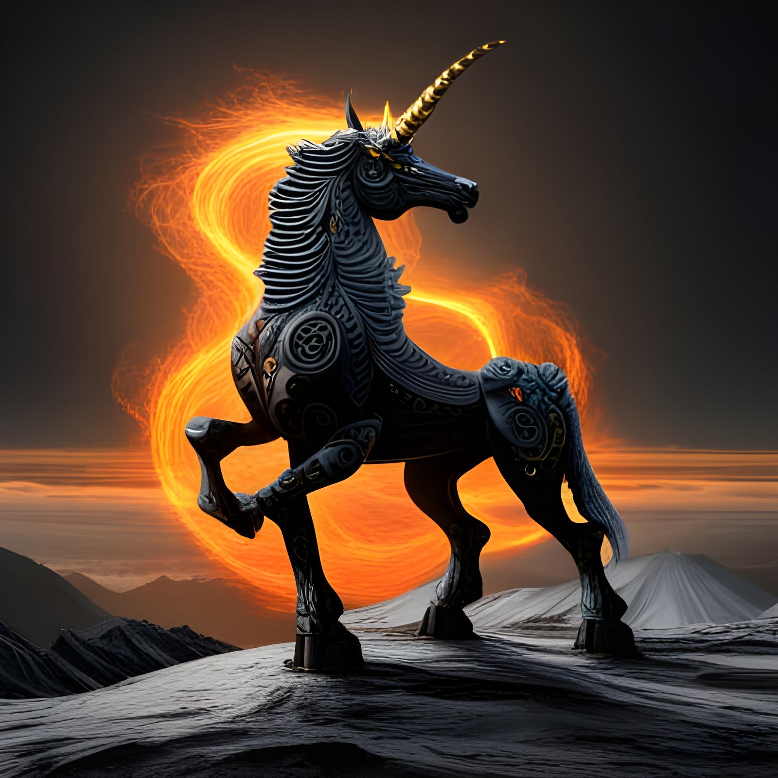 Fire breathing Mechanical Unicorn black and gold with large burning ...