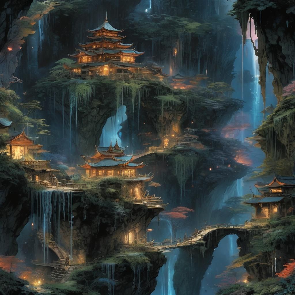 art by Yoshitaka Amano, ethereal floating islands amidst a twilight sky ...