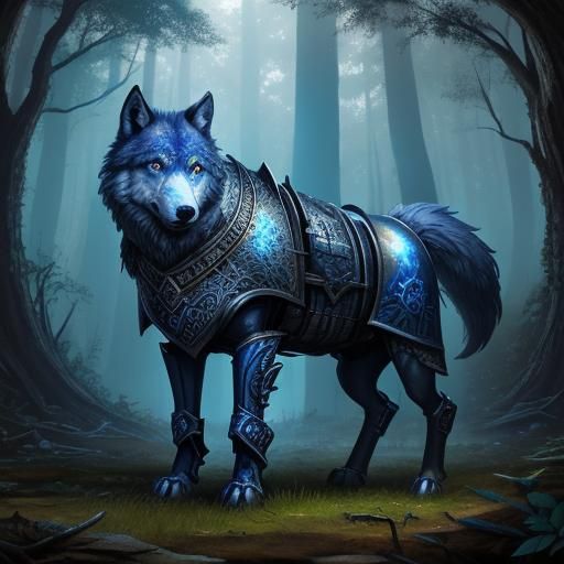 richly adorned navy blue wolf with steel plate armour on chest on four ...