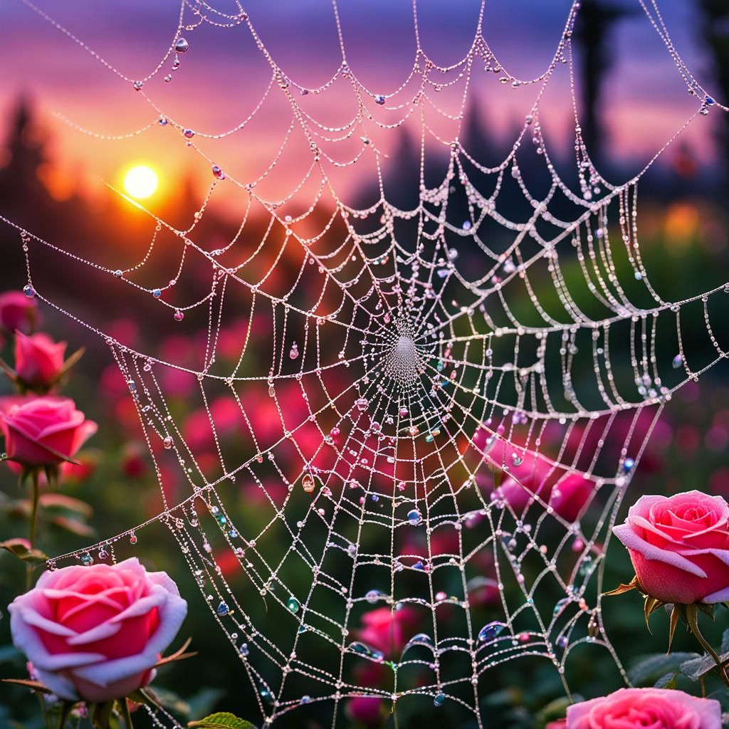 Dew drops on a spider web #2 - AI Generated Artwork - NightCafe Creator