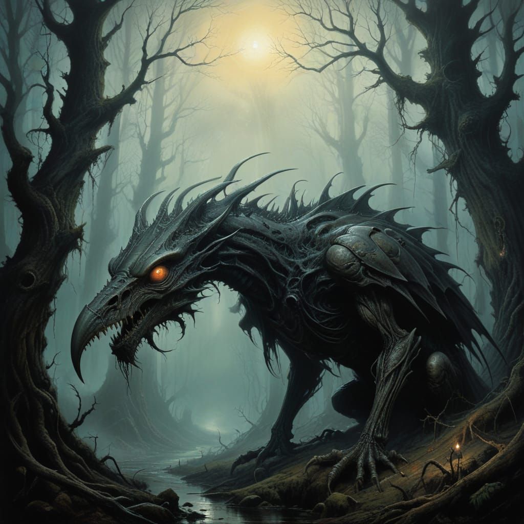 Mystical Jabberwocky Roams the Twisted Tulgy Wood - AI Art