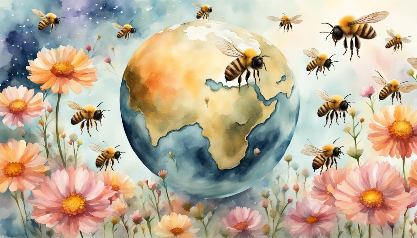 watercolor style, vast amount of bees landing on planet earth globe ...