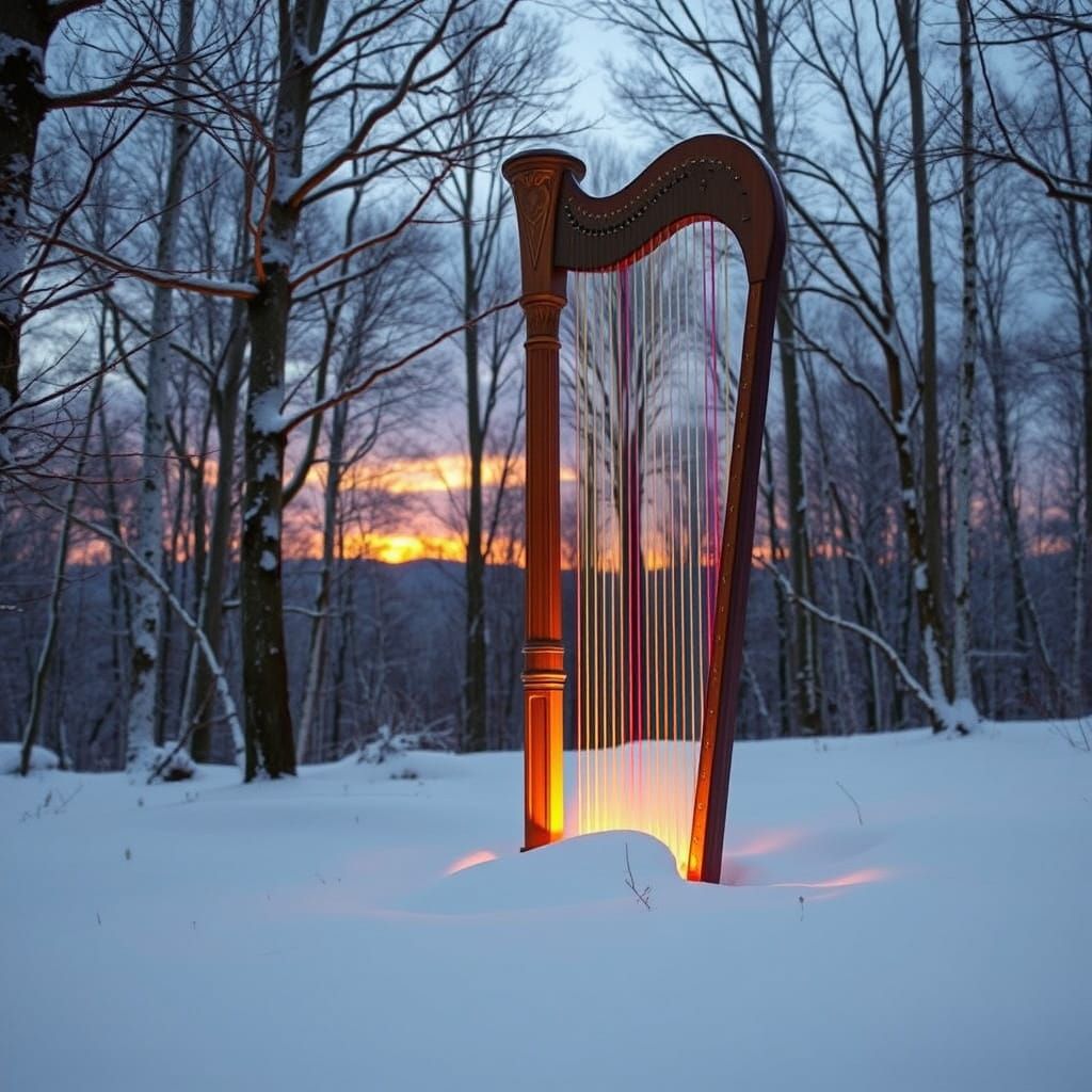 Ancient Irish Harp in Winter Sunset Landscape - AI Art