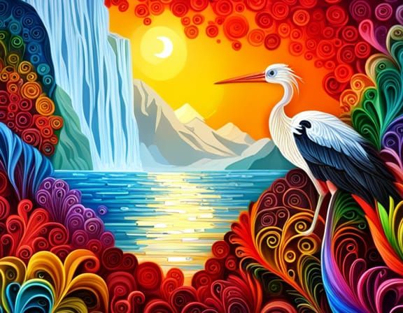 Elegant paper quilling stork in frame with very colorful intricate ...