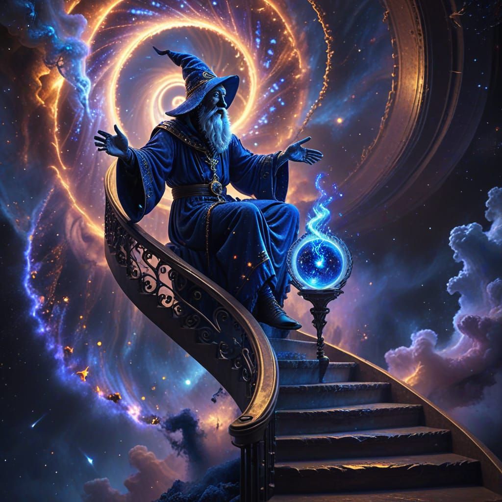 Laughing Wizard on Lapis Staircase in Nebula - AI Art