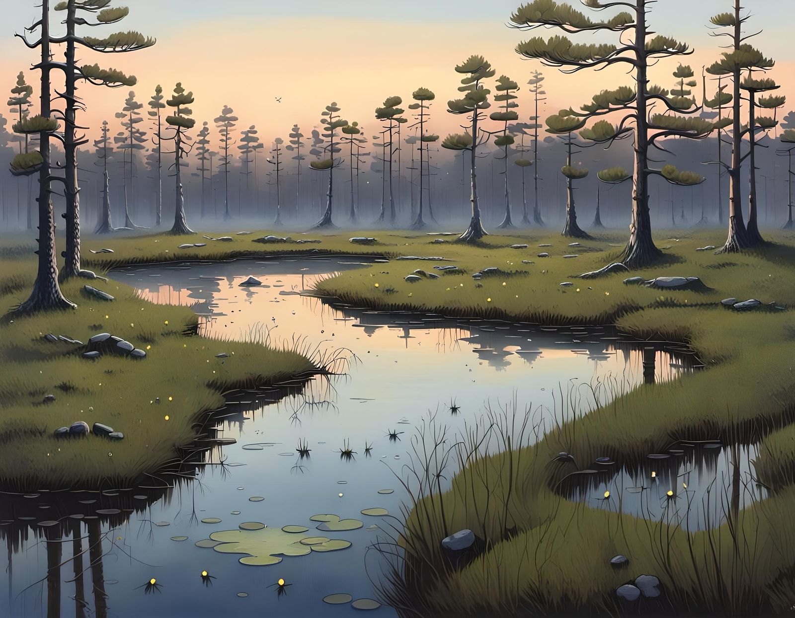 Tranquil bog with pools of murky water, fireflies flying around, small ...