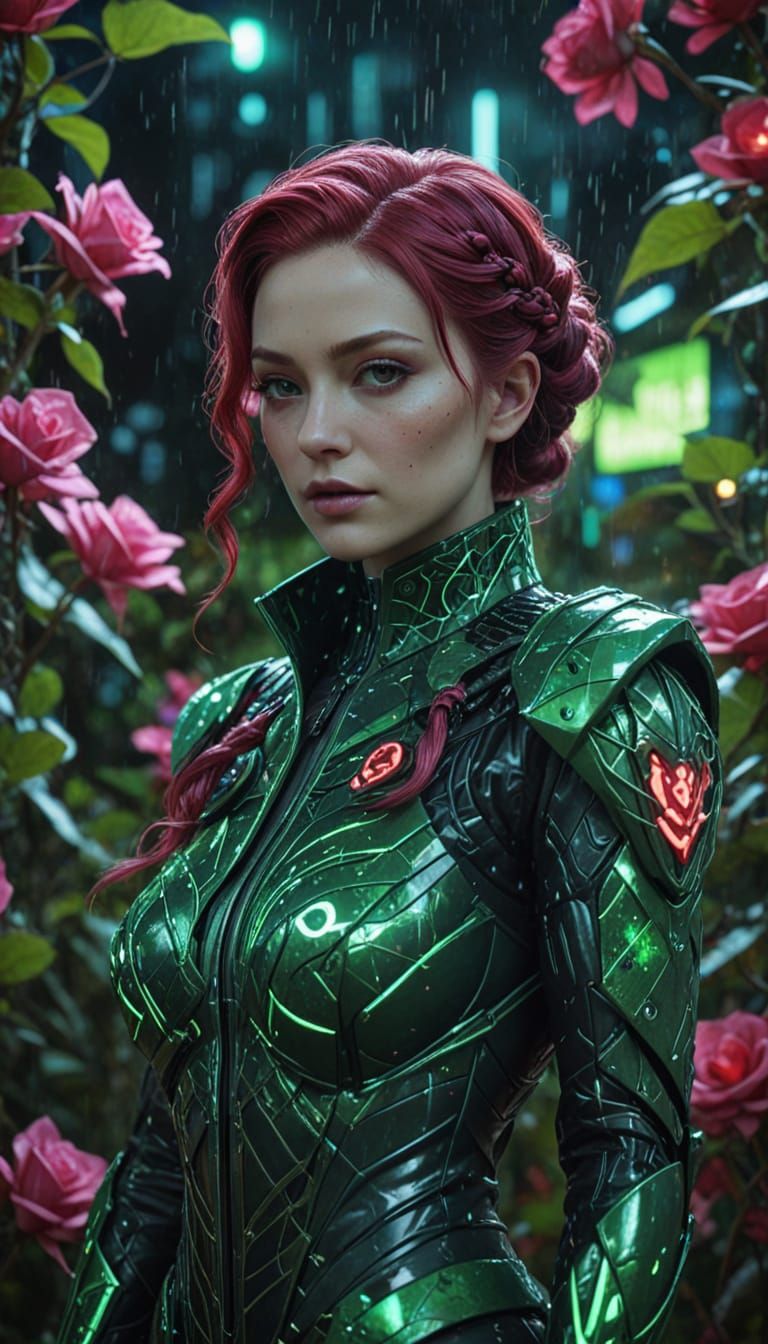 Poison Ivy in Cyberpunk Holographic Rose Grove - AI Art