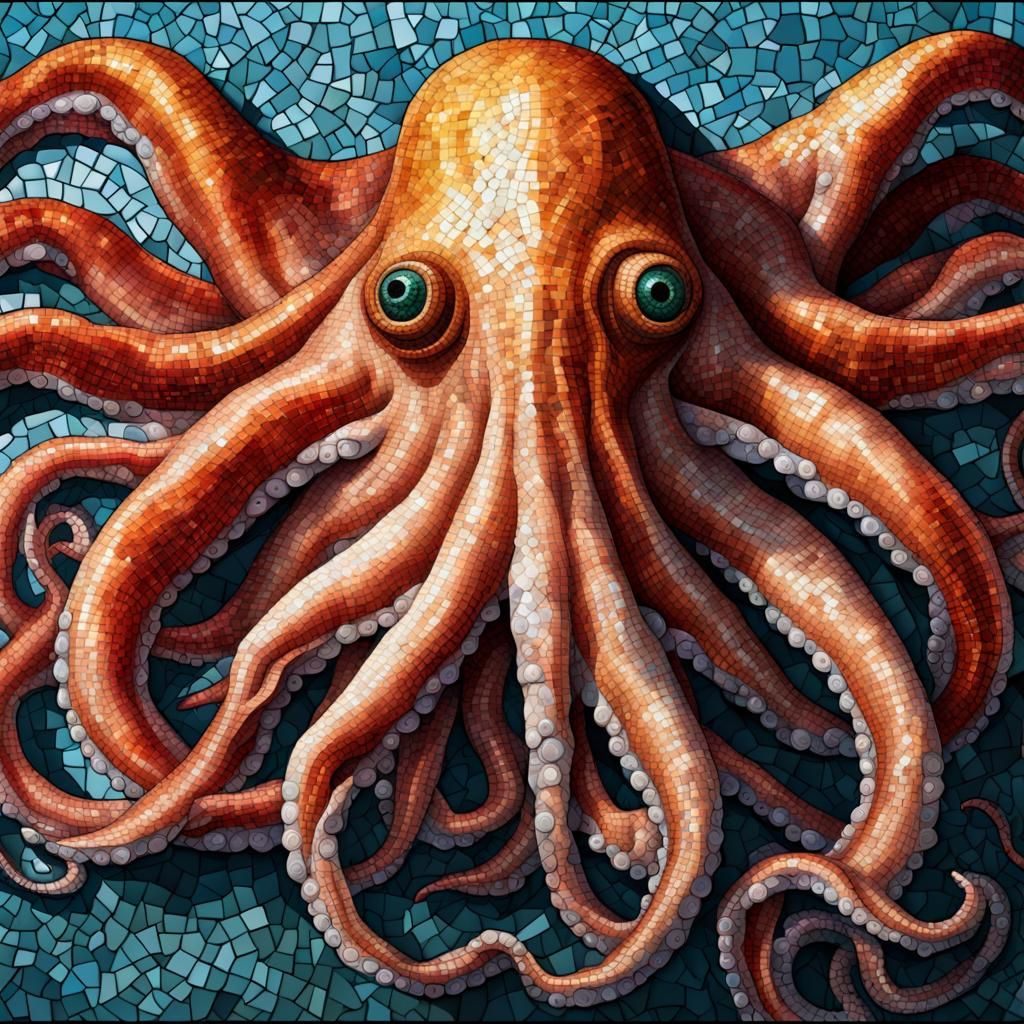 Mosaic depicting a giant squid, vibrant colors, 64k resolution, a ...