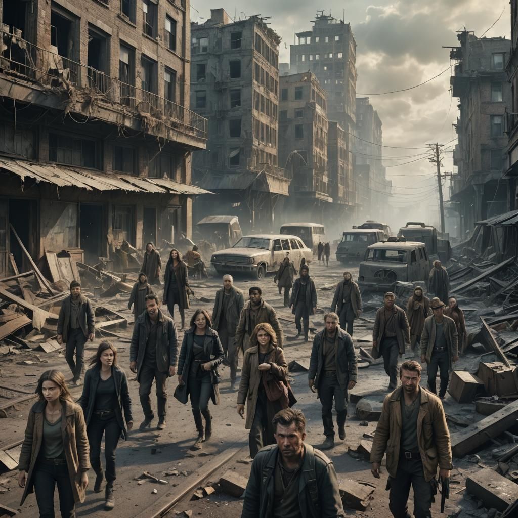 A group of men and women in a post decaying apocalyptic city Epic ...