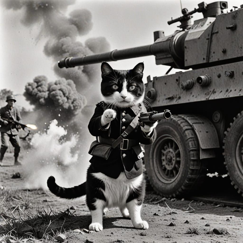 Halt! - Calico Cat in WWII Uniform Fires Bazooka at Tank