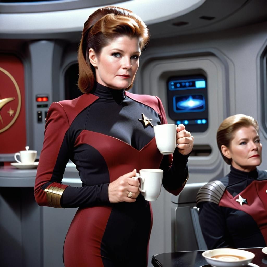 Captain Kathryn Janeway drinking coffee - AI Generated Artwork ...