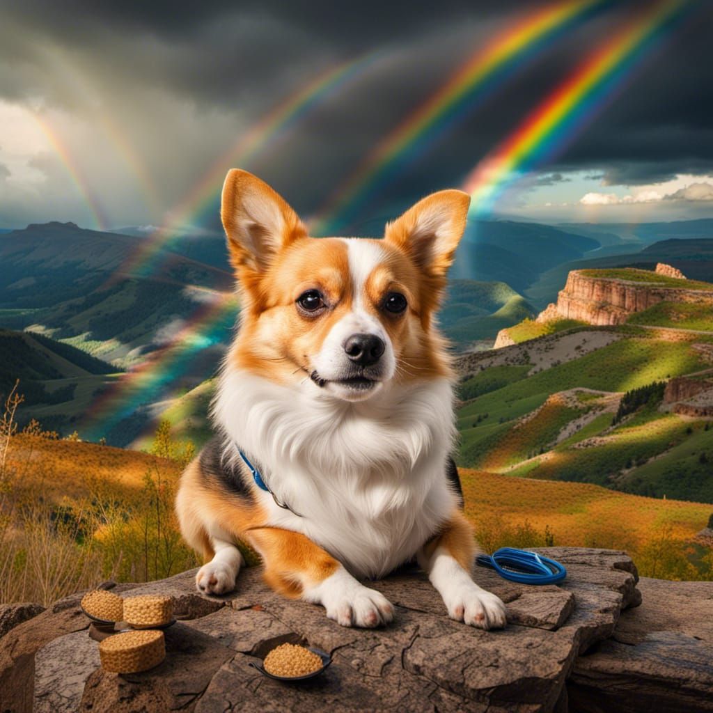 Portrait of a corgi chihuahua overlooking a mountain valley with ...