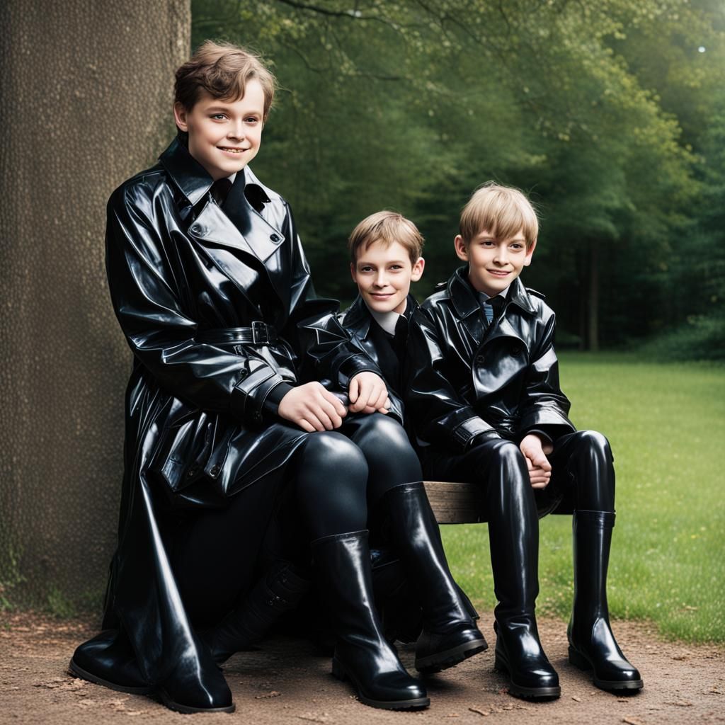 a 10 year old boy wearing a shiny PVC Black trenchcoat maxi length with ...