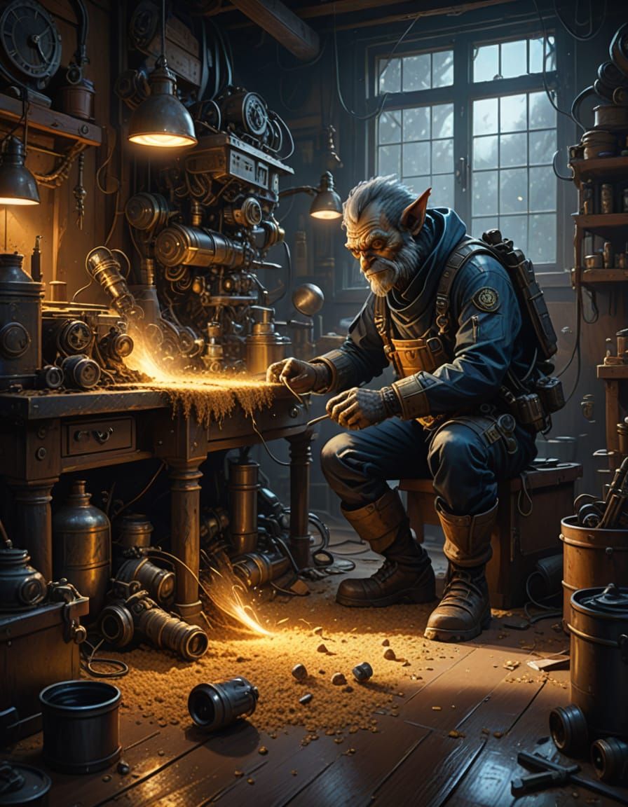Inventor's Workshop in Hyperrealistic Fantasy Art - AI Art
