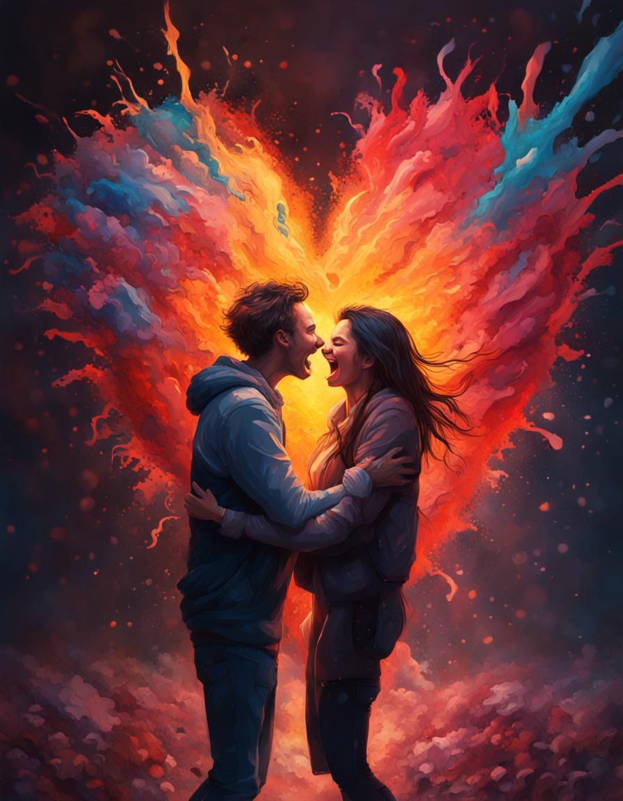 exploding heart, happiness, dark ambiance, people hugging - AI ...