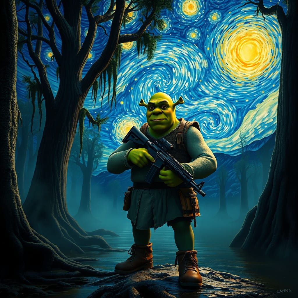 Shrek Guards Swamp Under Starry Night - AI Art