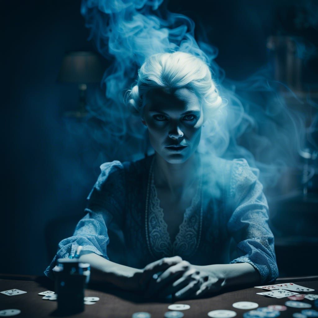 A blue white vaporous female ghost. She has 60 percent opacity. she is ...