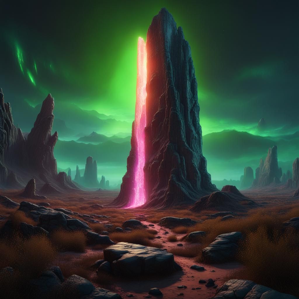 Imposing alien stone monolith, lit with power, glowing, terraforming ...