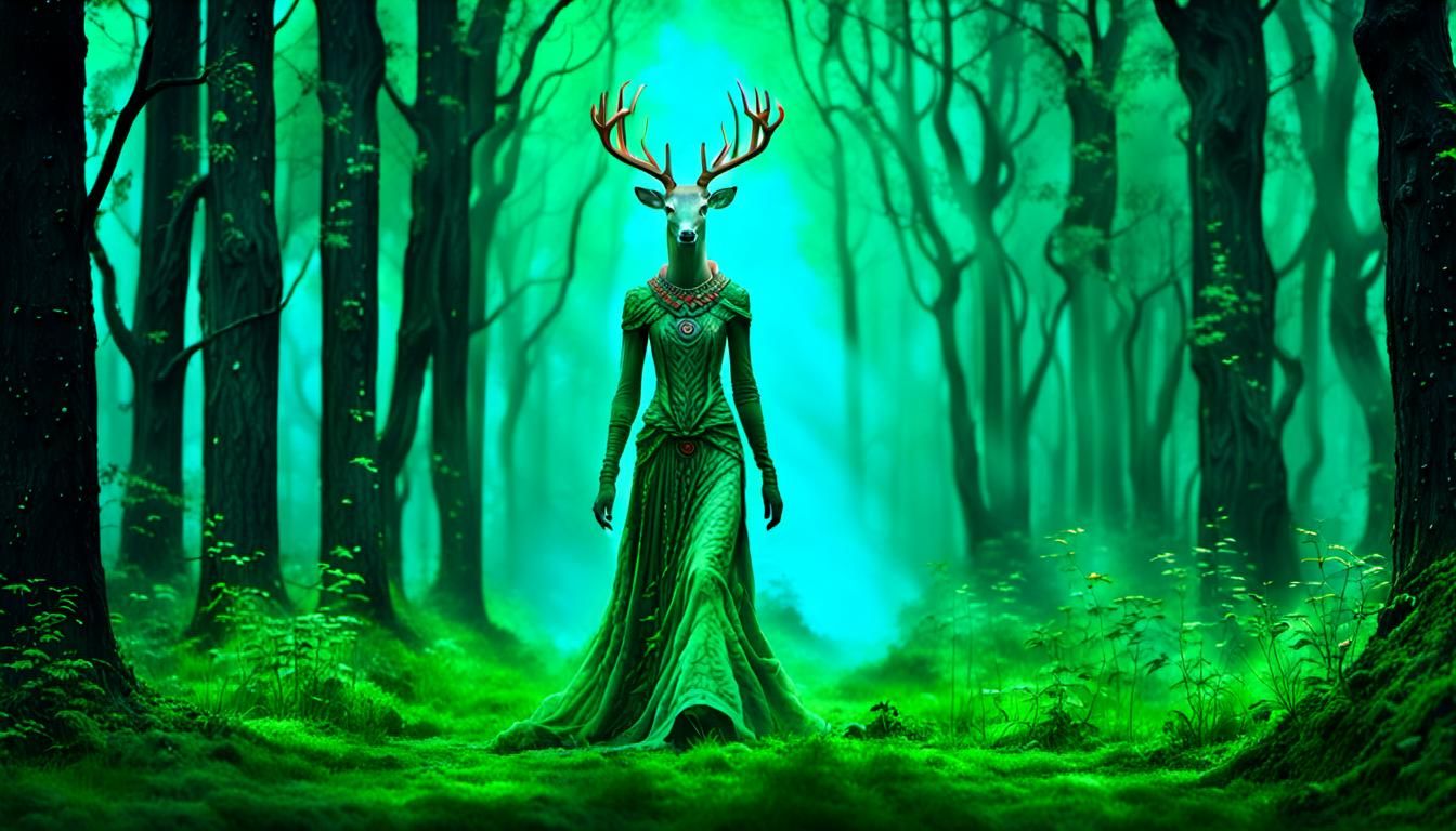 Anthropomorphic Deer Queen Goddess Alien, Walking in a mysty woods ...