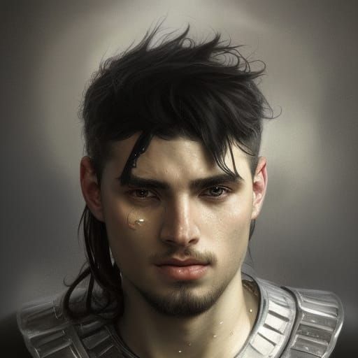 young man, tied black hair, scars, scarred, leather armor, light armor ...