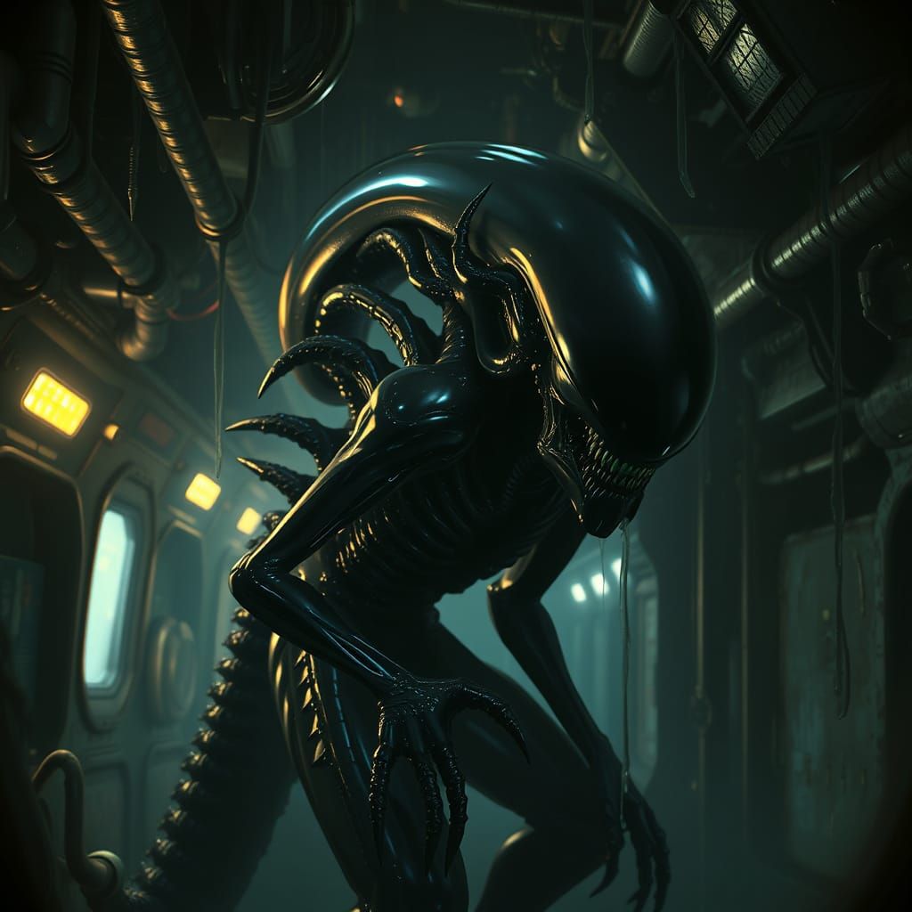 Alien Xenomorph Lurking in Derelict Spaceship Shad... - AI Art