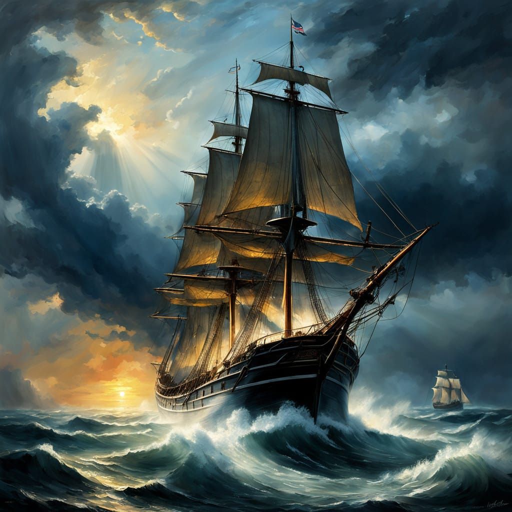 A mighty sailing vessel sailing through fierce ocean waves 2
