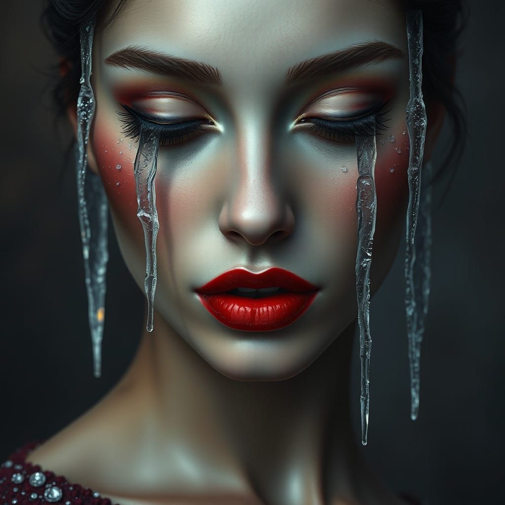 Enigmatic Winter Goddess with Icy Tears and Cherry... - AI Art