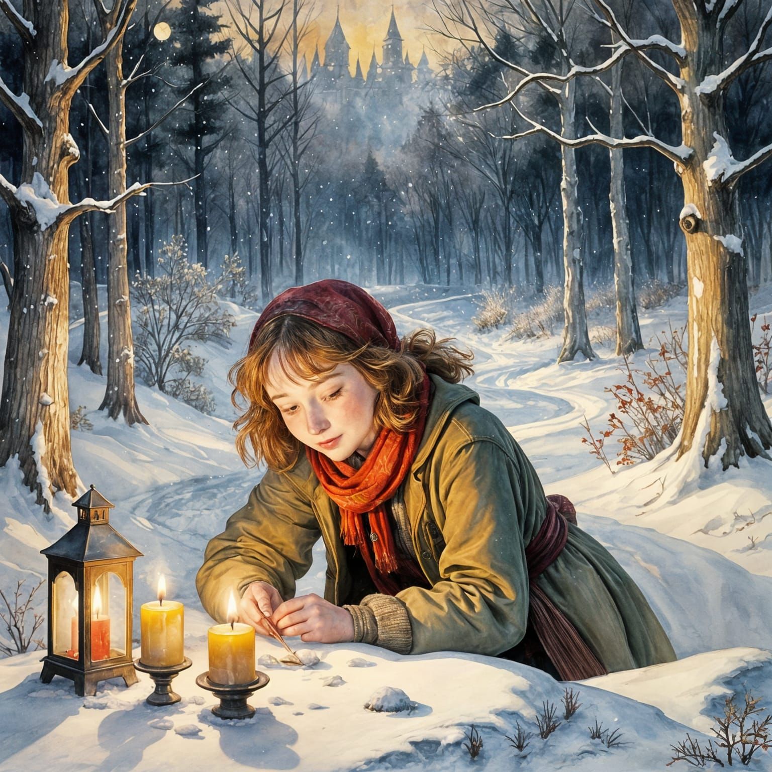 Solstice d'hiver yule Claude warm colors watercolor sharp focus