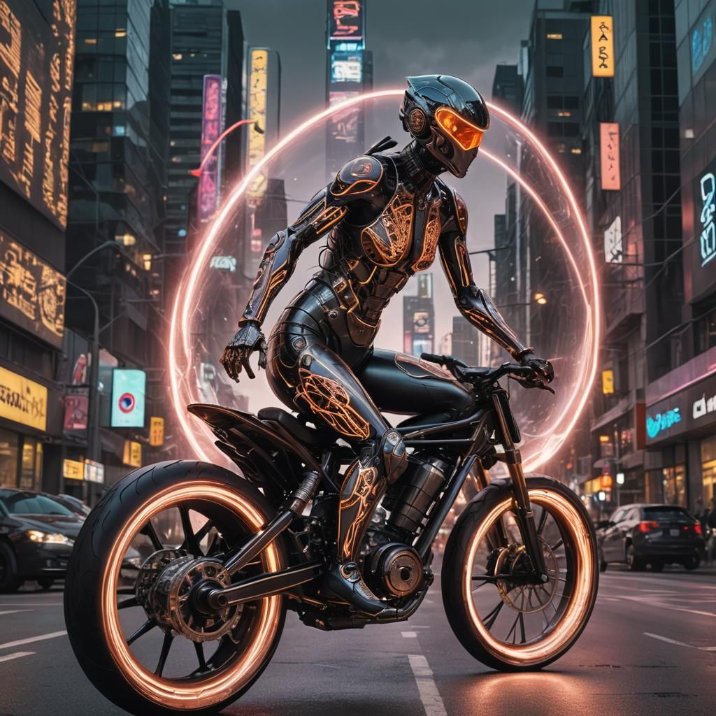 Toned and tattooed carbonized neon fiberglass cyborg on an E-bike - AI ...