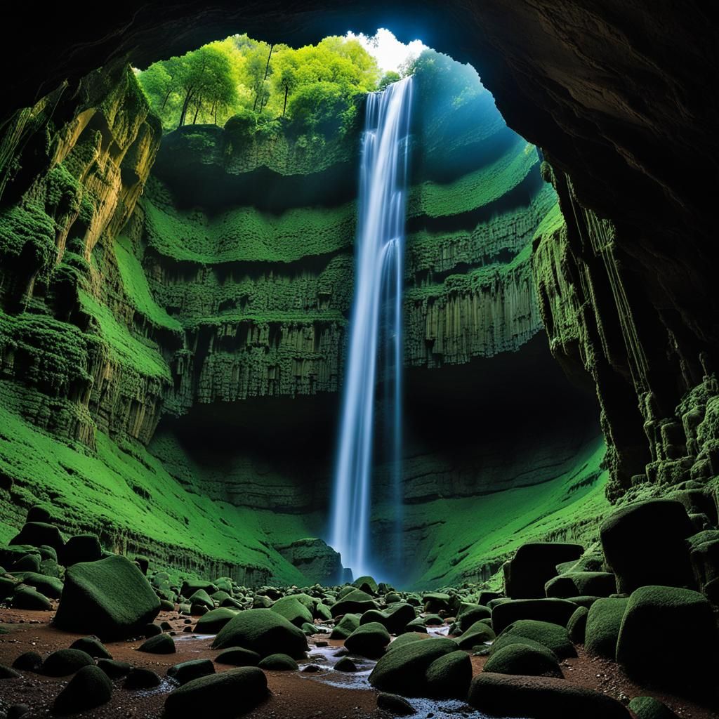 A Giant Subterranean Waterfall with a temple carved in the rock at the ...