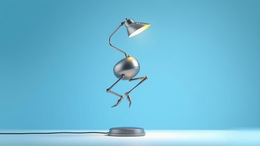 an anglepoise lamp jumping and looking around pixar 8K 3D