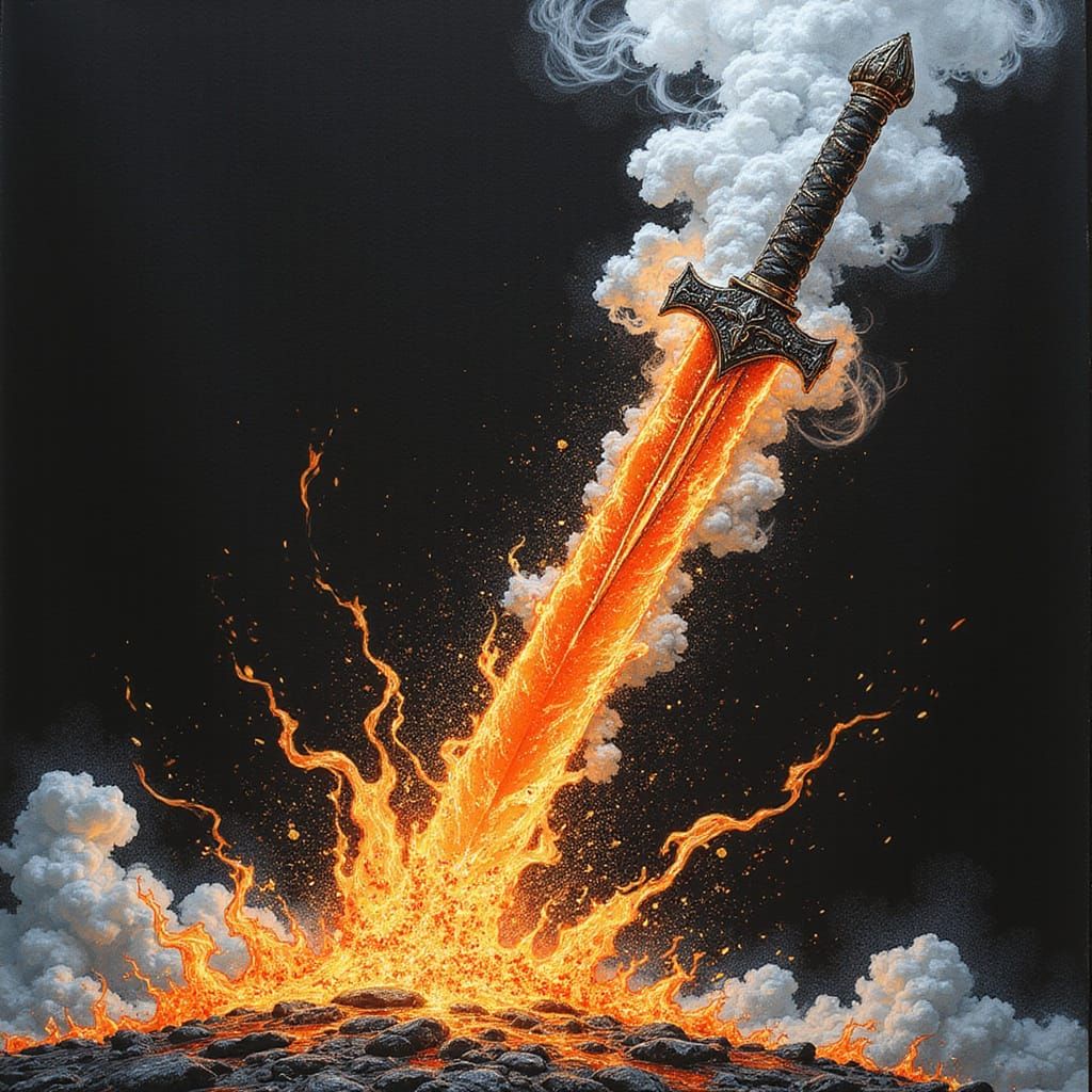 An ink illustration of a sword forged from lava and fire, steam and ...