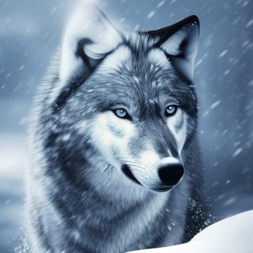 wolf walking through snow, cold blue eyes, black and white fur - AI ...