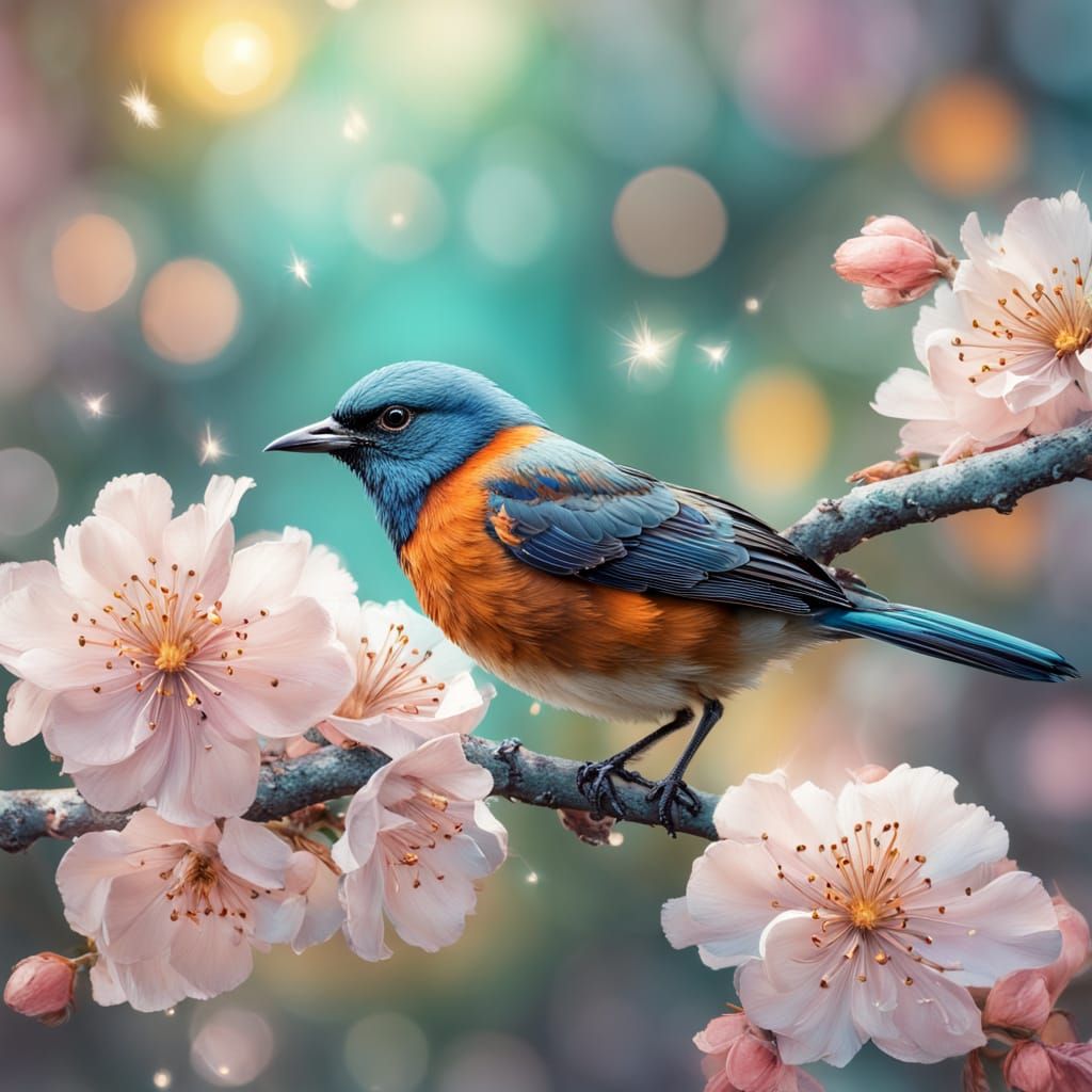 A vividly colored songbird with golden and orange feathers perches ...