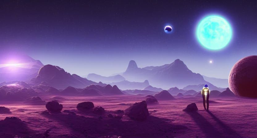 Violet and Blue Alien planet landscape at night with stars and big ...