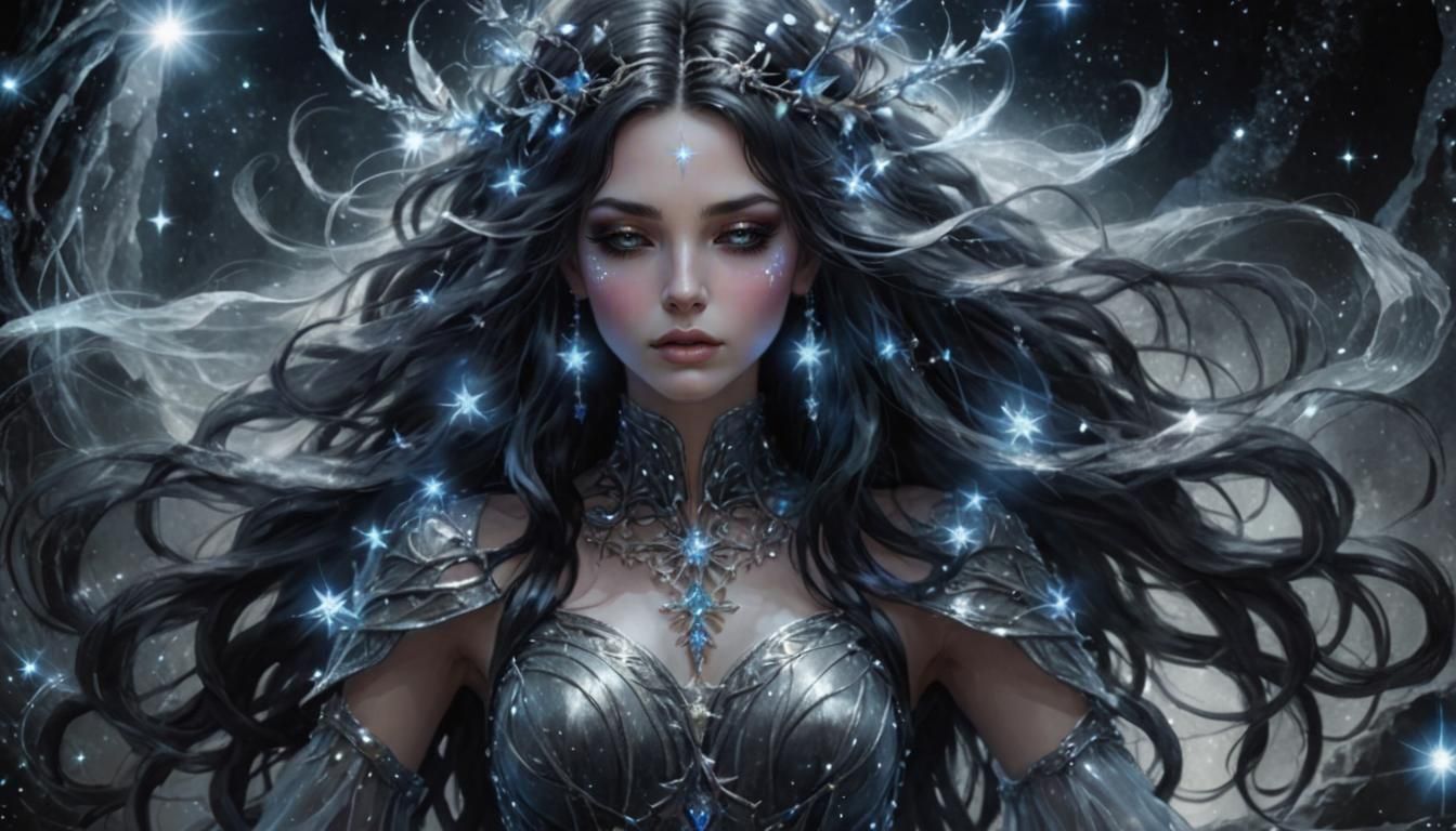 a fae woman with long black hair eyes closed beautiful eyeshadow ,pale ...
