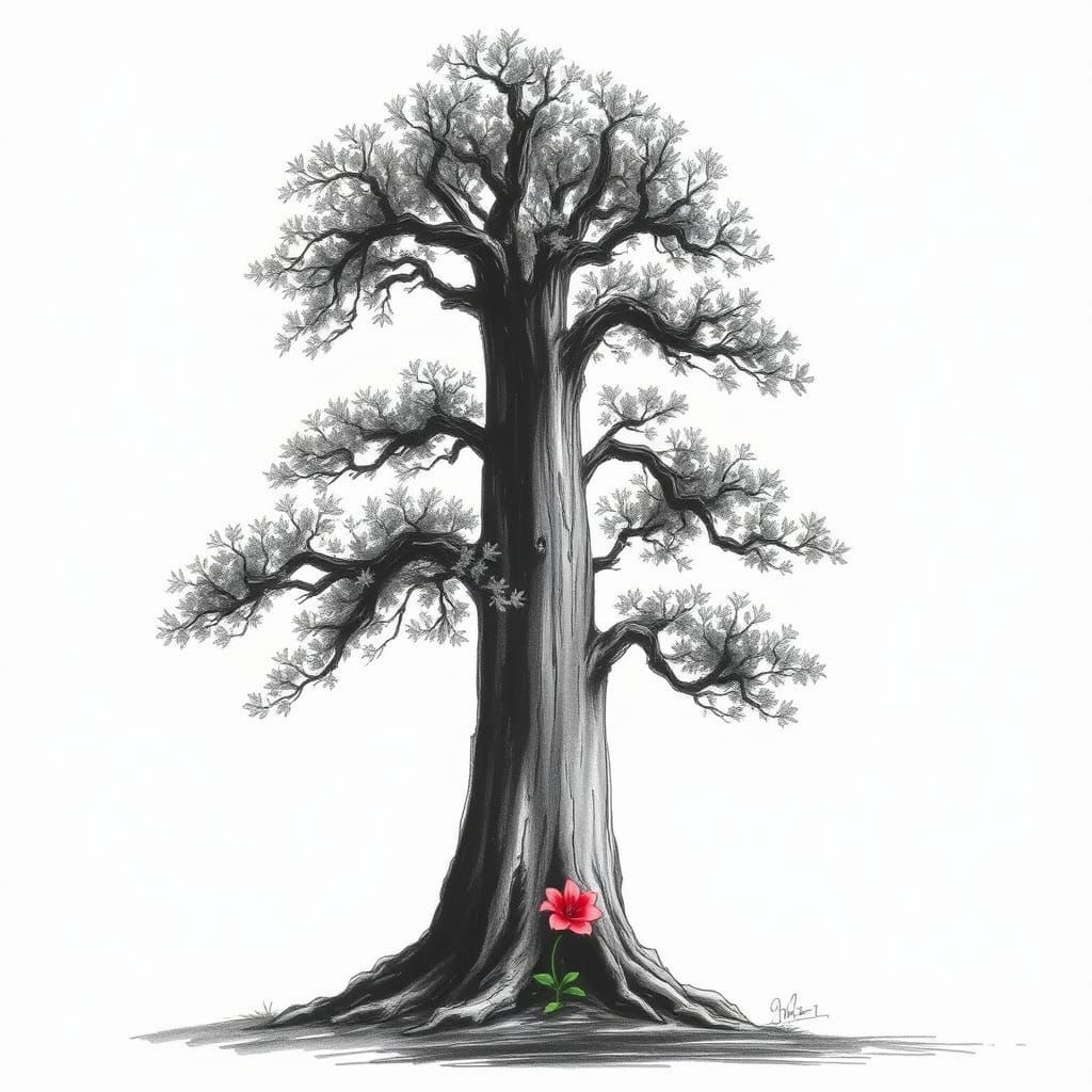 Bloodgood Japanese tree, with one red flower at the base of the trunk